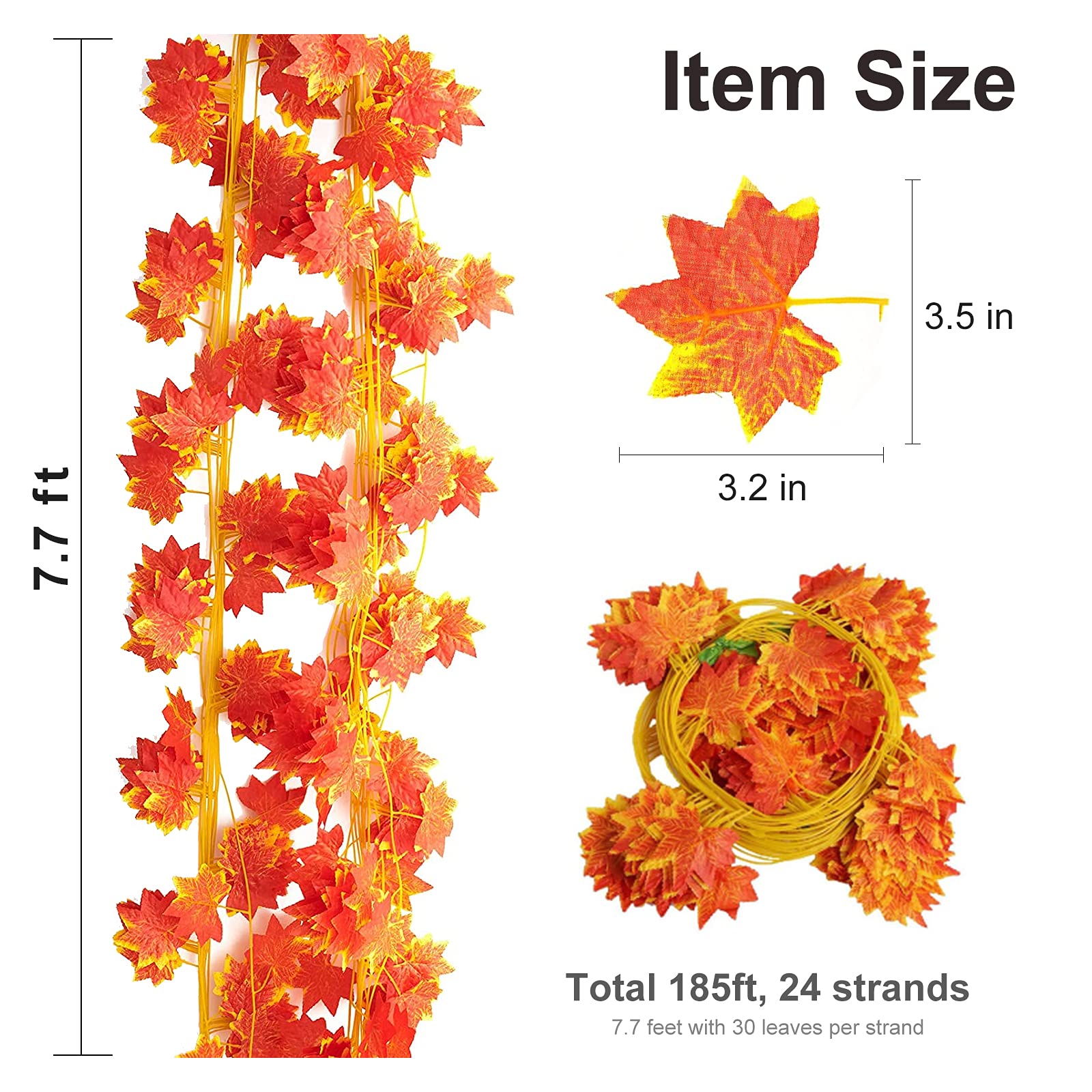 24 Pack Fall Leaf Garland, Artificial Maple Garland Artificial Fall Maple Ivy Vines, Thanksgiving Decor Garland Autumn for Party Home Garden Kitchen Office Wedding Indoor Outdoor Decors