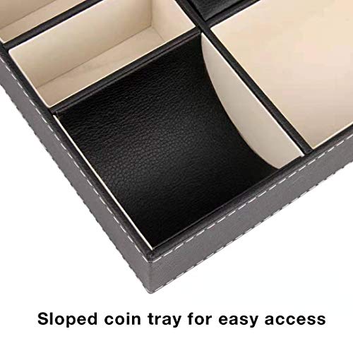 Baoyun Mens Valet Tray Organizer, Mens Jewelry Box, Nightstand Organizer with 5 Compartments, Dresser Faux Leather Storage Box for Wallet, Phone, Keys (Black)