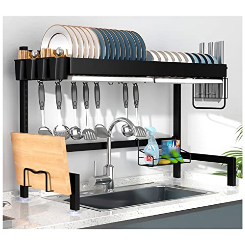 2-Tier Dish Drying Rack Organizer, Over Sink Storage Rack, Dish Drainer with Drain Pan, Kitchen Organize Stand with Phone Holder, Kitchen Counter Supplies Storage Shelf (Color : 63cm) (63cm)