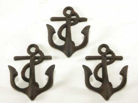 3 pc Cast Iron Anchor Double Wall Hooks Rustic Brown with Hardware
