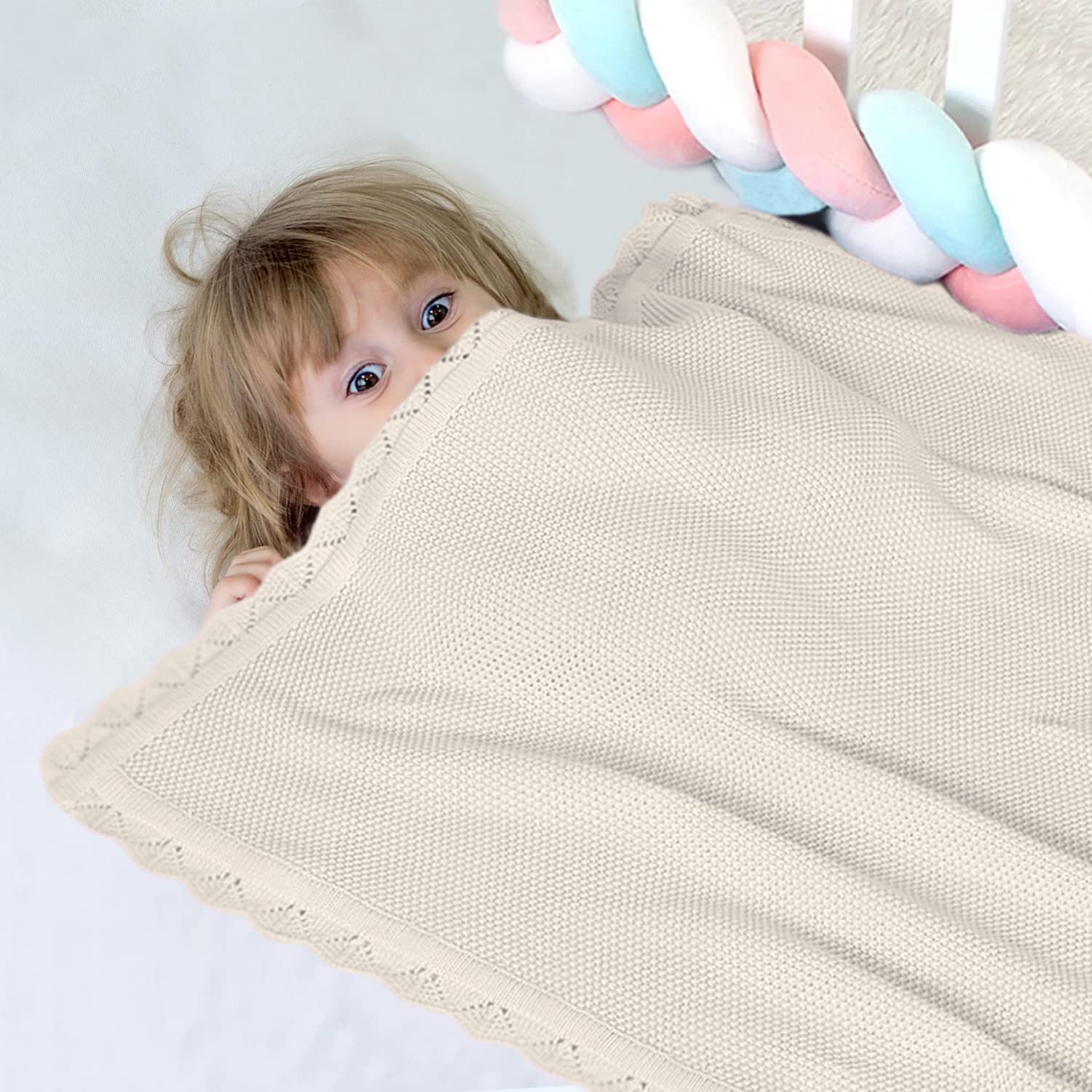 100% Cotton Baby Blanket Knit Lace Soft Warm Toddler Blanket, 30 x 40 Inches,Beige Melange