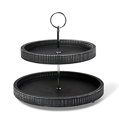 2-Tier Tray - Antique Decorative Table Centerpiece with Handle - Cupcake Tower Wedding Home Decor - Modern Food Presentation Server - Two Vintage Wooden Shelves - Farmhouse Kitchen Decoration