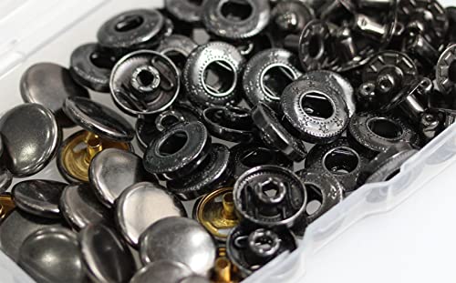 24 Sets Heavy Duty Leather Snap Fasteners Kit, BetterJonny 15mm Metal Snap Buttons Press Studs Leather Rivets Snaps with 4 Setter Tools for Clothes Bracelet Jackets Jeans Gun Black