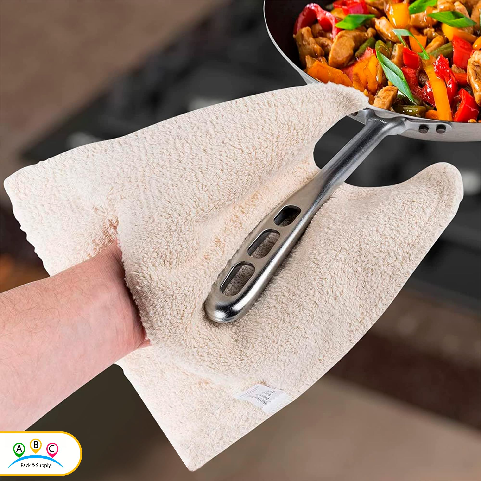 ABC Terry Cloth Pot Holders for Kitchen 9 x 12 Inch. Pack of 6 Natural Color Hot Pads for Kitchen. Washable Pot Holder with Hand Hole. Thick Cotton 460 F Heat Resistant Pot Holders
