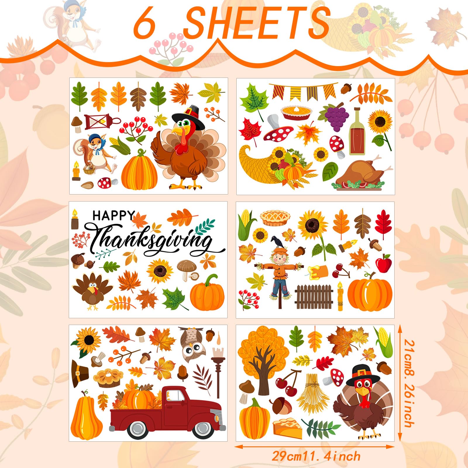 115 Pcs Fall Thanksgiving Wall Decals Turkey Maple Leaves Wall Stickers Autumn Pumpkin Wall Decals Decor Fall Leaves Window Clings Wall Decoration for Bedroom Living Room Home Decor