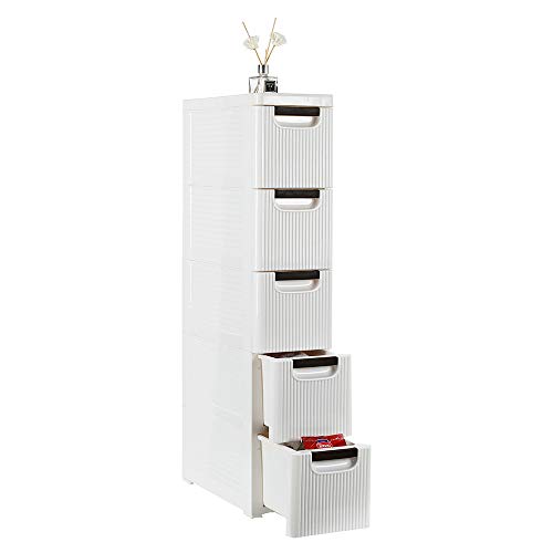 5 Storage Drawer Rolling Cart Organizer and Storage,Plastic Unit on Wheels Narrow Slim Bathroom Storage Cabinet Organizer (5-Tire)