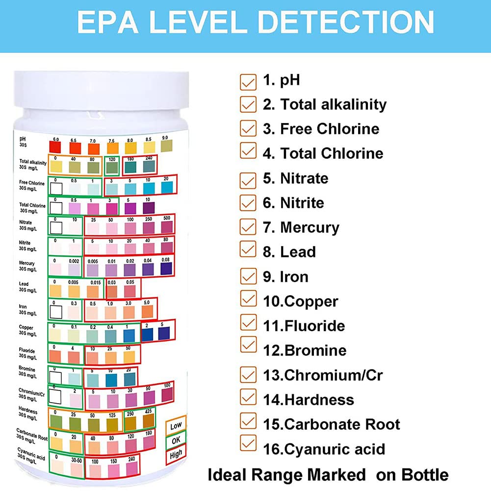 16 in 1 Water Testing Kits for Drinking Swimming Water, Well Water Test Kit for Home Tap Water Quality, Strips Testing Lead Fluoride pH Iron Chlorine Hardness and More (50)