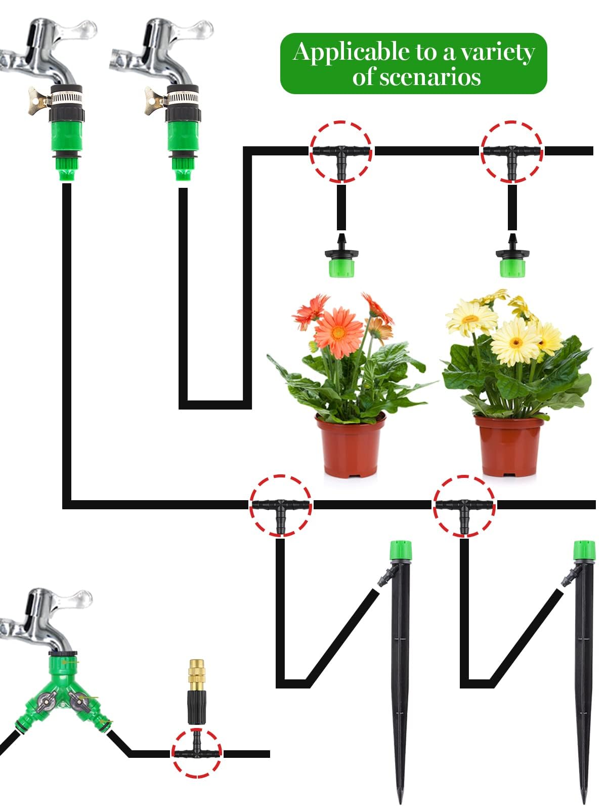 Kalolary 500Pcs Barbed Tee Irrigation Fittings, 1/4 Inch Tube Universal Drip Irrigation Connector Compatible with Watering Systems, 4/7mm Hose Automatic Irrigation Adapter
