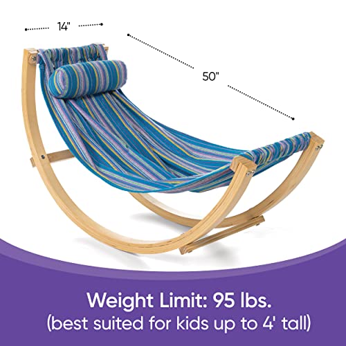 Hearthsong Lightweight Rocking Floor Hammock, 50”L x 14”W Blue-Striped Cotton Indoor Hammock, 95 lbs. Ages 3 to 9
