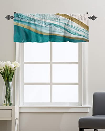 Abstract Curtain Valance for Window,Kitchen Rod Pocket Short Curtains Panel Turquoise White Gold Marble Texture Windows Treatment Drapes for Bathroom Living Room Decor 42x12In Stone Fluid Art