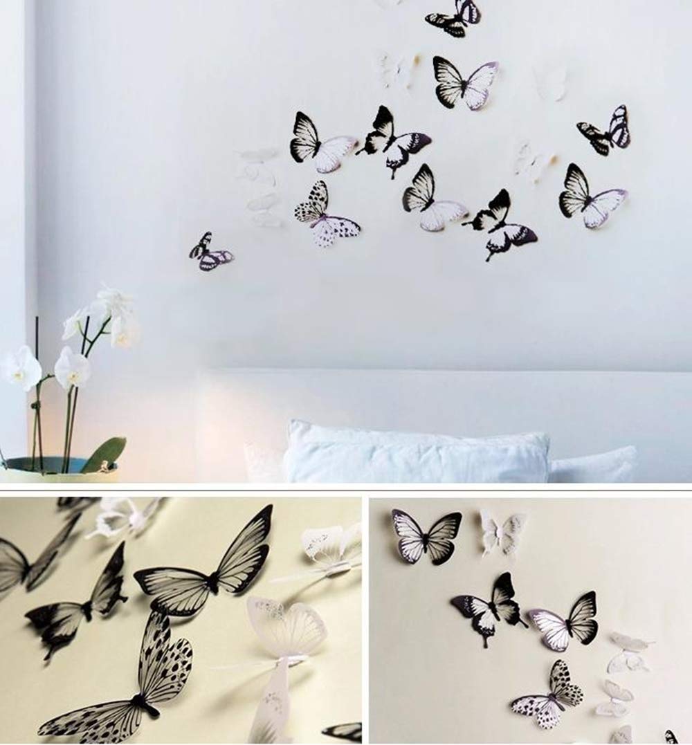 90 PCS 3D Butterfly Wall Stickers,Butterfly Decor PVC Crystal Butterfly,Art Decal Satin Paper Butterflies Home DIY Decor Removable Sticker,Bedroom Showcase Nursery Butterfly Wall Decor(Black-White)