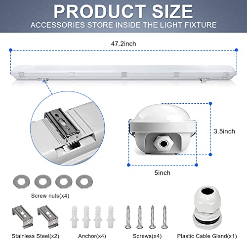 4FT LED Vapor Tight Lights, 40W/50W/60W Selectable 5200LM Vapor Proof Light 3000K/4000K/5000K Tunable, Indoor Waterproof Workshop Light, IP66 DLC ETL Approved for Cold Room, Car Wash (6Pack)