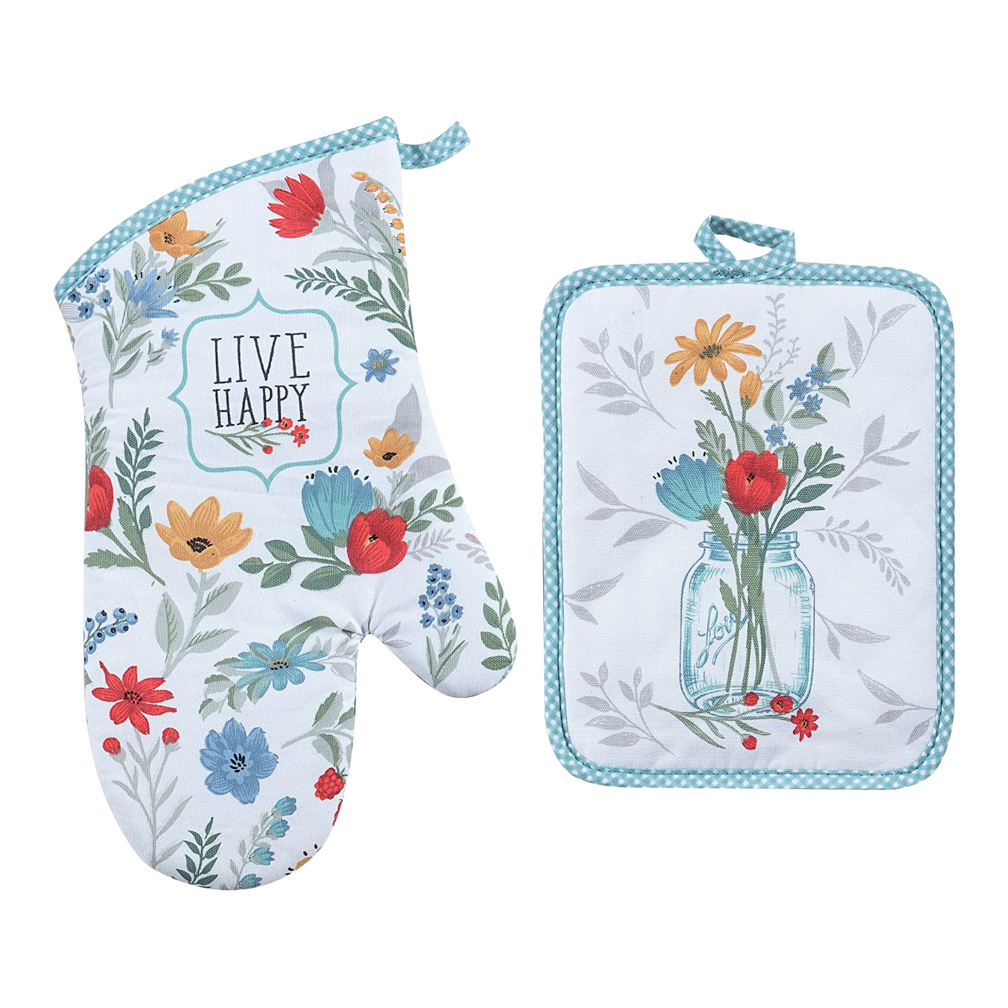 18th Street Gifts Farmhouse Kitchen Decor Oven Mitt and Pot Holder Set - Gingham and Floral Country Kitchen Decor - Teal Kitchen Accessories and Decor - Vintage Home Decor