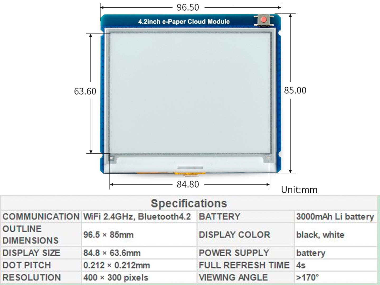 Bicool Waveshare 4.2inch E-Paper Cloud Module 400×300 Pixels e-Ink Display, Bluetooth 4.2 Connectivity Paper-Like Effect,Long Battery Life Support Quick Charge, 4.2inch WiFi e-Paper Display