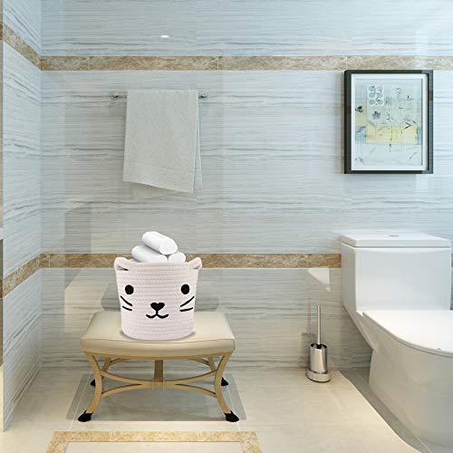 8''X7'' Small Baby Hamper White Cotton Rope Basket | LONTAN Washable Baby Nursery Hamper Cute Cat Design Baby Gift Basket Collapsible Organizer for Snacks, Pen