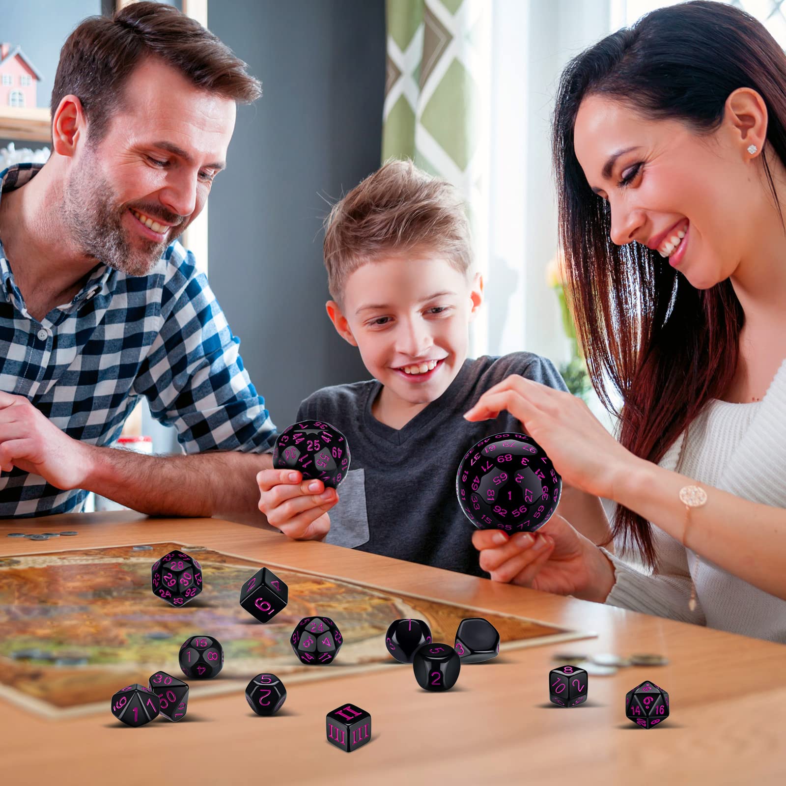 15 Pieces Complete Polyhedral Dice Set D3-D100 Spherical RPG Dice Set in Opaque Black, 100 Sides Dice Set for Role Playing Table Games Party Supplies (Black and Purple)