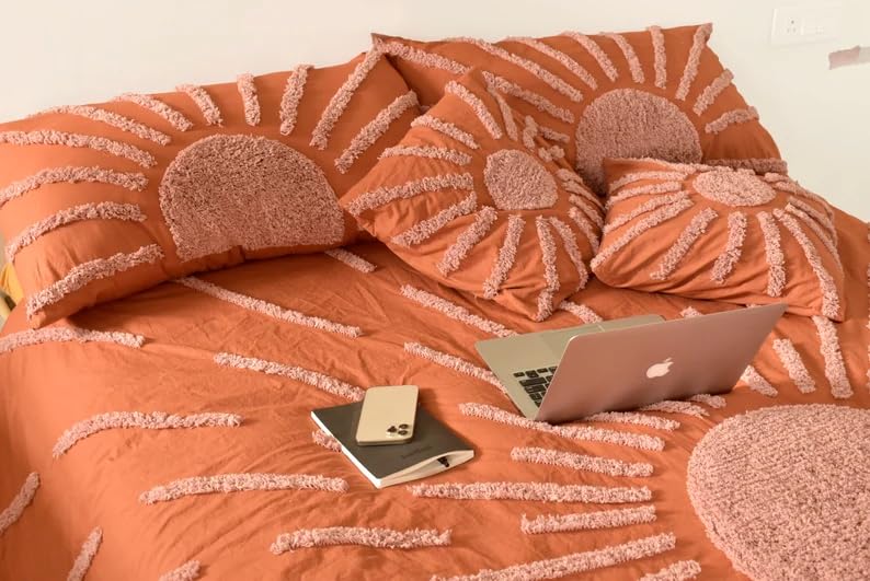 100% Cotton Ultra Luxury Tufted Duvet Cover Set, Elegant Tufted Duvet Cover Set with Stylish Textured Design (Rust, Queen 90" x 90")