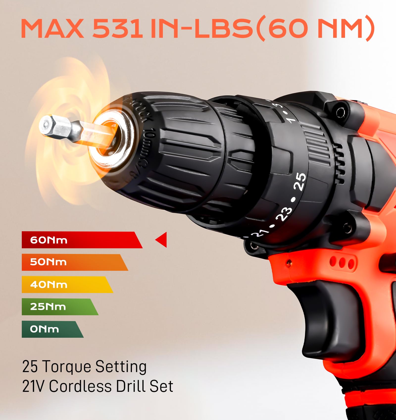 108 Pcs Cordless Drill Set, 531in-lbs MAX 21V Electric Power Drill Driver Kits, 3/8''Keyless Chuck 2 Variable Speed Drill with Faster Charger Hammer LED Light Tool Box Set for Home Repair Tool Kit