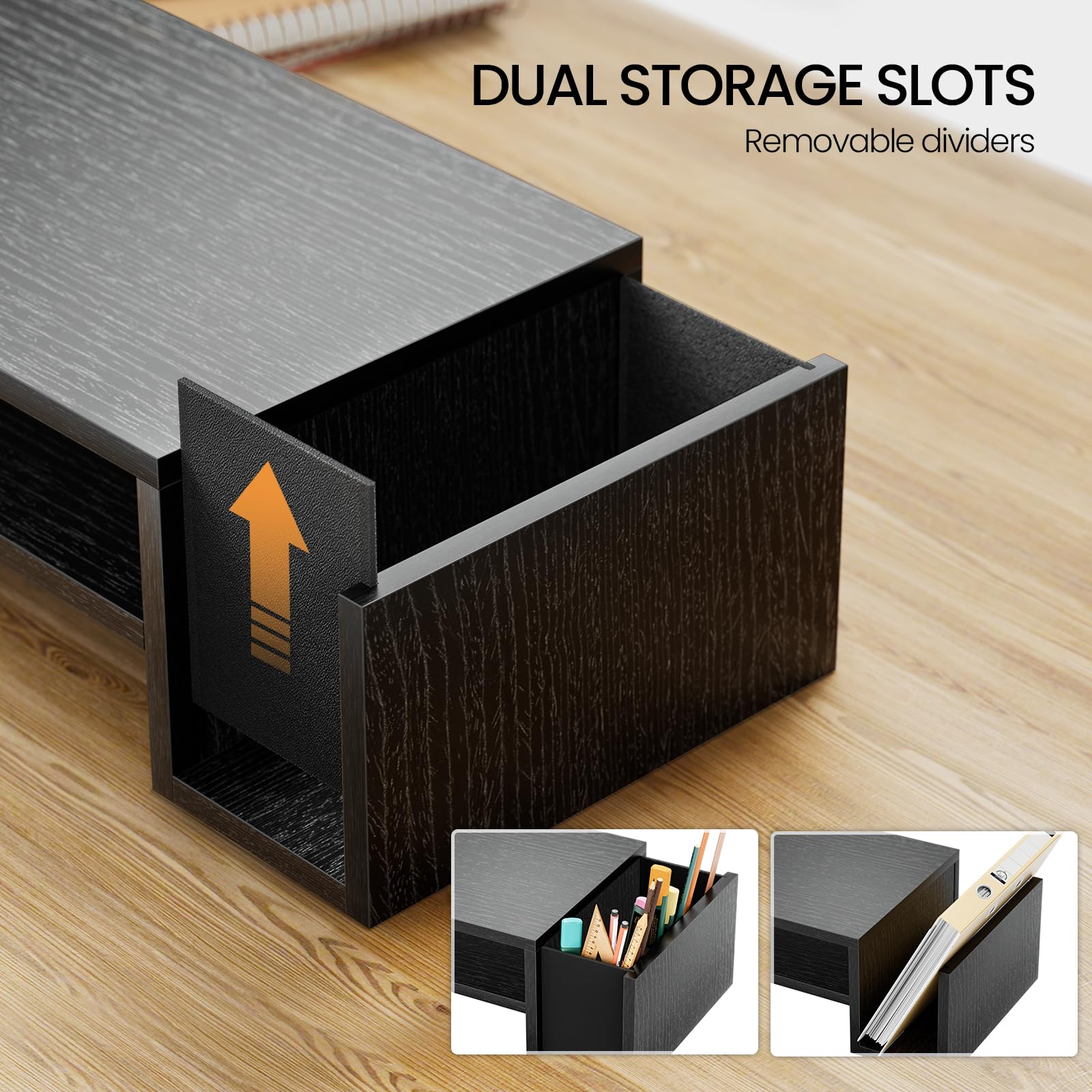 AMERIERGO Monitor Stand Desk Organization with DIY Storage Space, Monitor Riser Stand with Storage with 2 Slots & Phone Holder, Computer Stand 2 Tier for Home Office Use