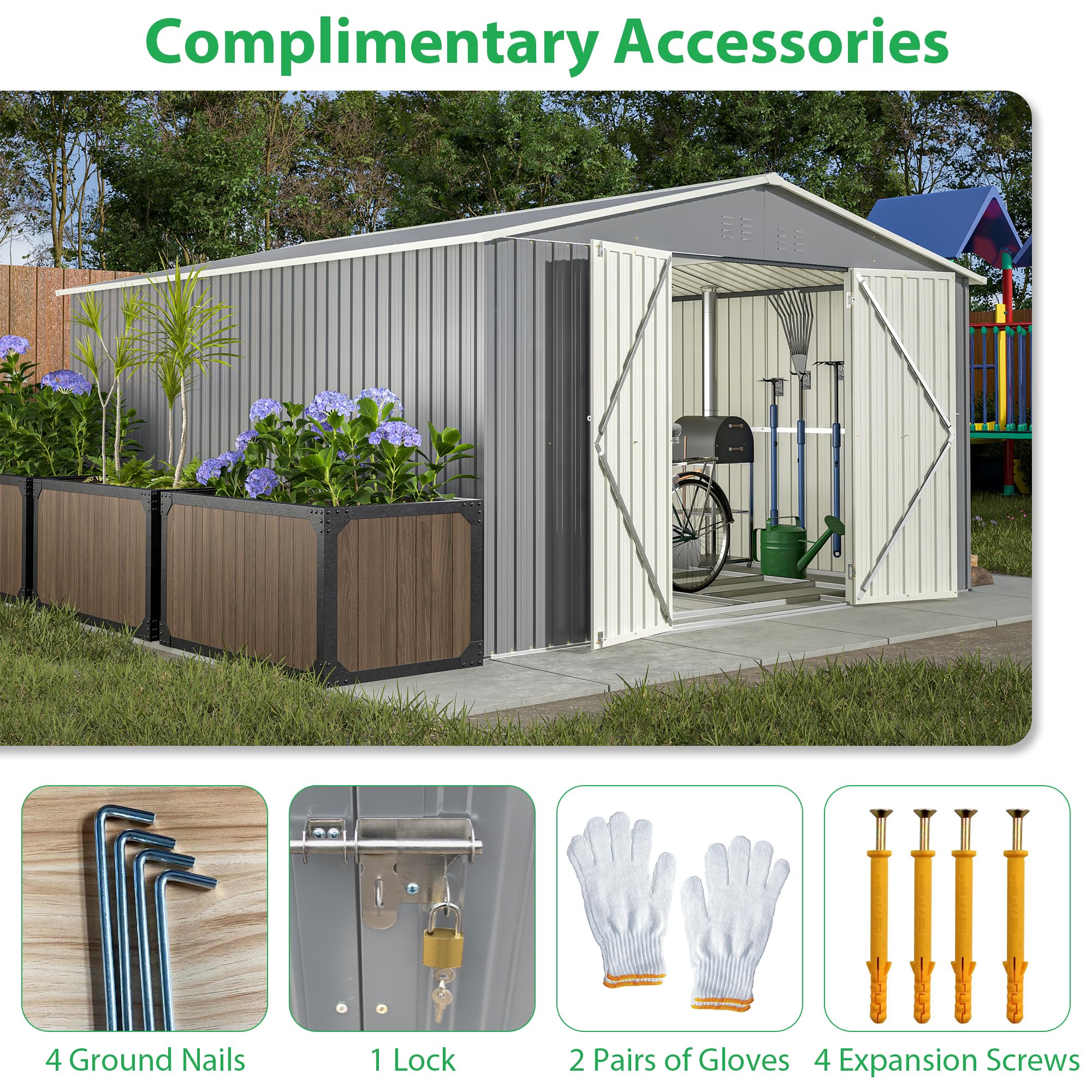 11' x 13' Outdoor Metal Storage Shed with Floor Frame Base, Galvanized Steel Garden Shed with 4 Vents, Tool Storage Shed for Backyard, Patio, Lawn