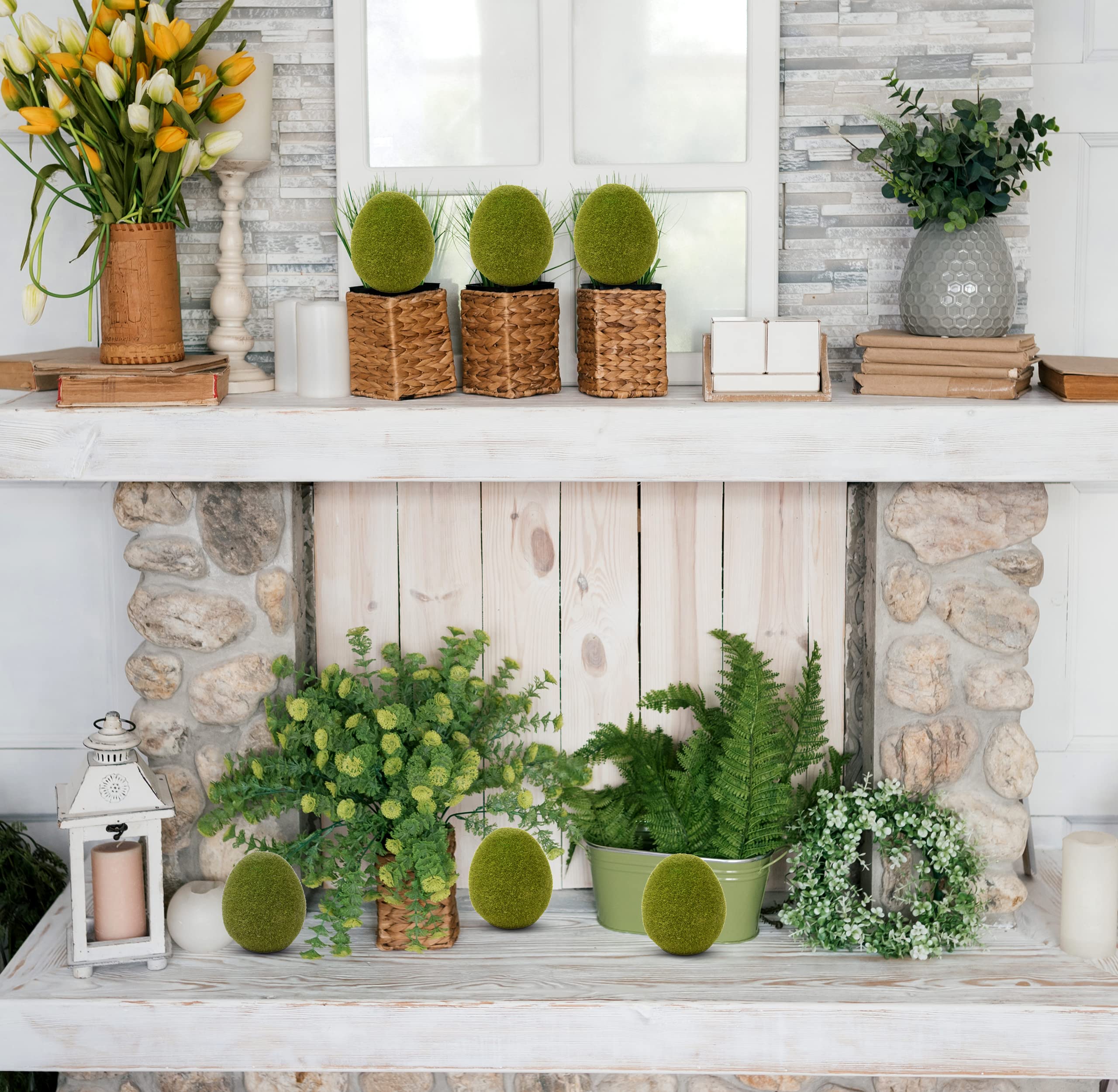 6 Easter Green Mossy Eggs Spring Decor Artificial Fuzzy Flocked Moss Balls Decorative Holiday Furry Covered Egg for Indoor Home Kitchen Table Shelf Bowl Decorations & Outdoor Garden Yard Potting Craft