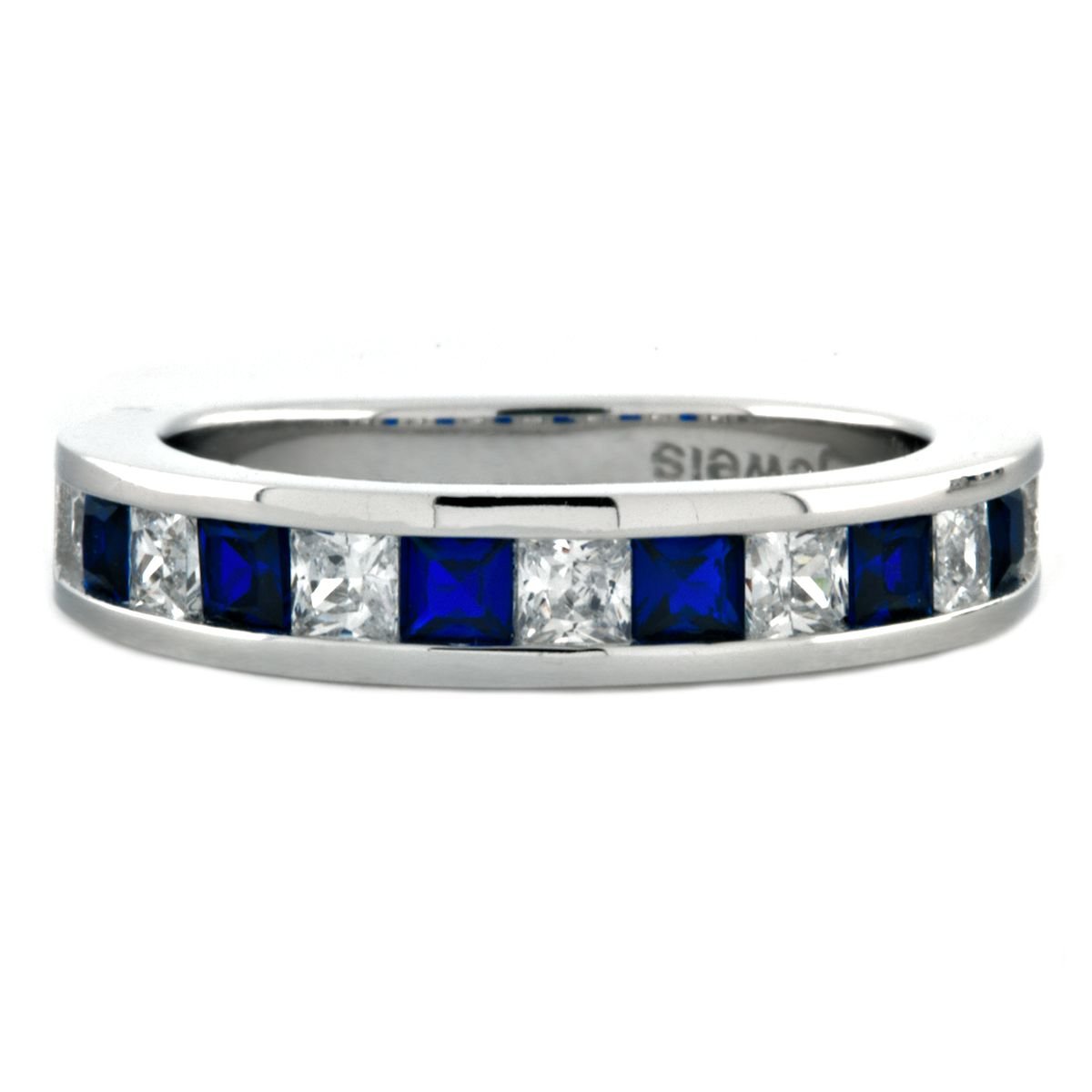 1000 Jewels Olivia B: Princess-cut SImulated Sapphire & IOF CZ Semi-Eternity Wedding Band Silver, 3132A sz 7.0