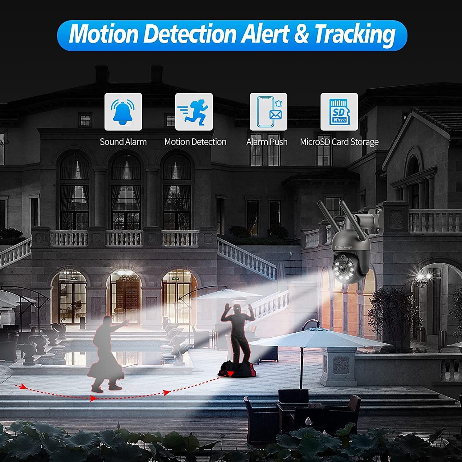 Techage PT815G, Plug-in, Pan Tilt Security Camera Outdoor, Auto Tracking, 3MP, 360° View, WiFi, 2 Way Audio, Color Night Vision with Floodlights, IP66 Waterproof, SD Card/Cloud Storage, Grey