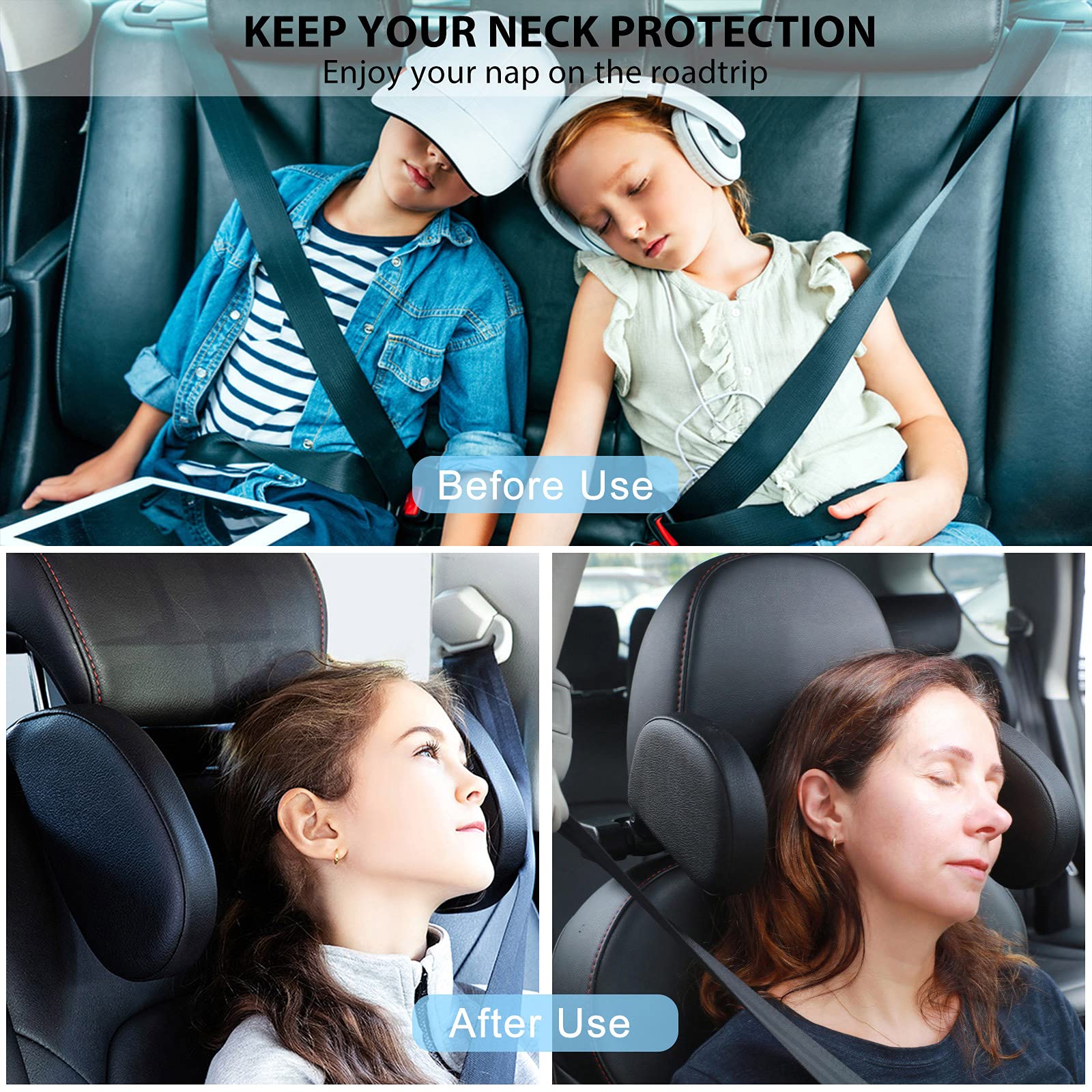 TICARVE Car Headrest Pillow, Car Seat Head Neck Supports, Car Seat Back Hanger Hook, Adjustable Both Side Travel Car Sleeping Pillow for Kids Adult (Black)