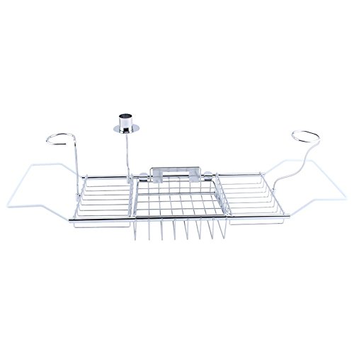 Bath Tray for Tub, Adjustable Bathtub Caddy Tray with Extending Side, Metal Bathtub Shelf Expandable Storage Rack Organizer with Wine Glass and Phone Holder for Home Bathroom Luxury Bathing, Silver
