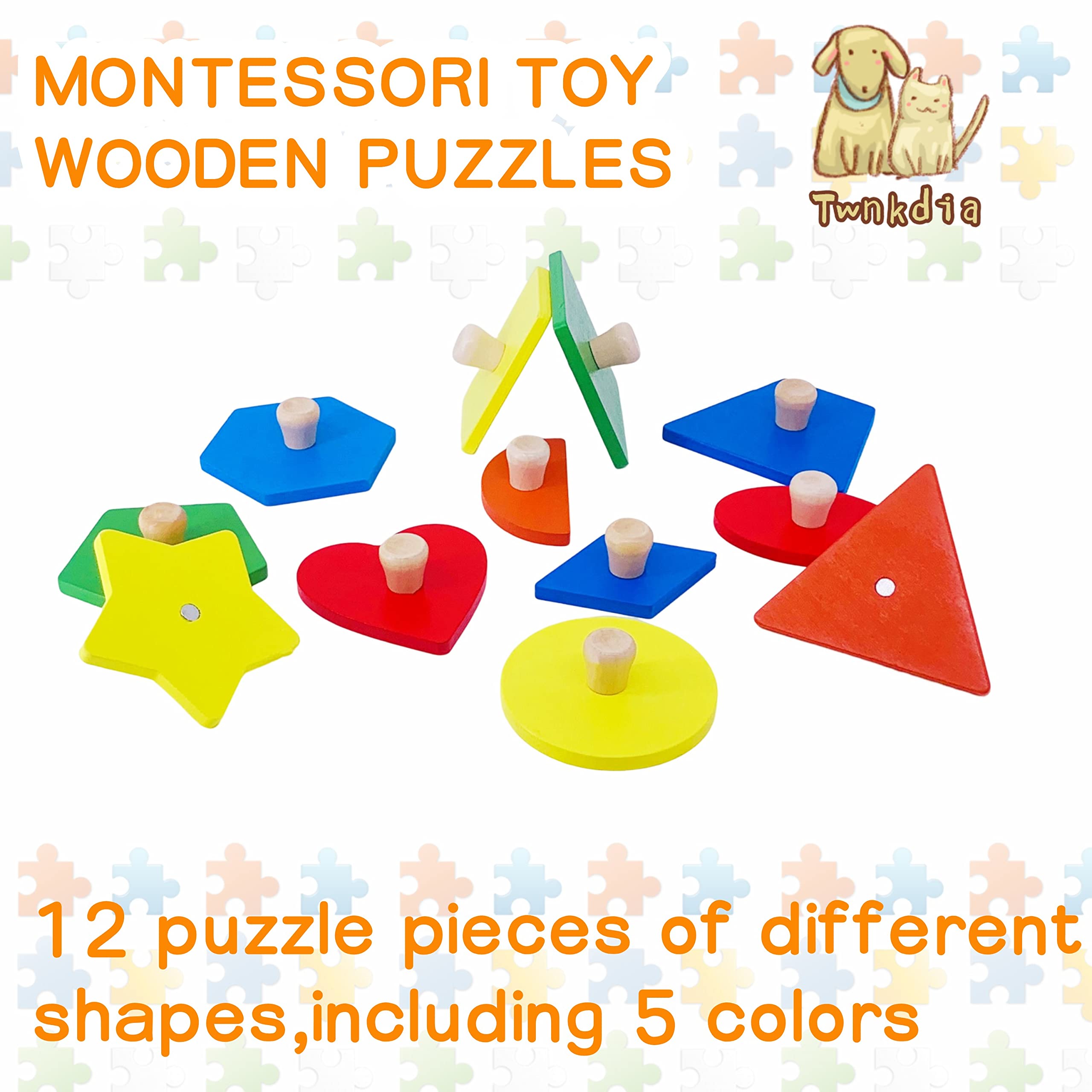12 Block Montessori Toys,Shape Puzzles, Wooden Baby Puzzles for 1+ Year Old Toddlers or 1-3 Years Babies