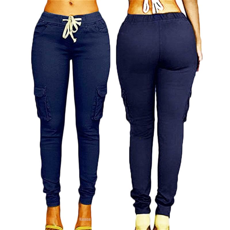 Andongnywell Womens Casual Stretch Drawstring Skinny Pants Cargo Jogger Pants High Waist Tie Butt Lift Pant with Pockets (White,X-Large)