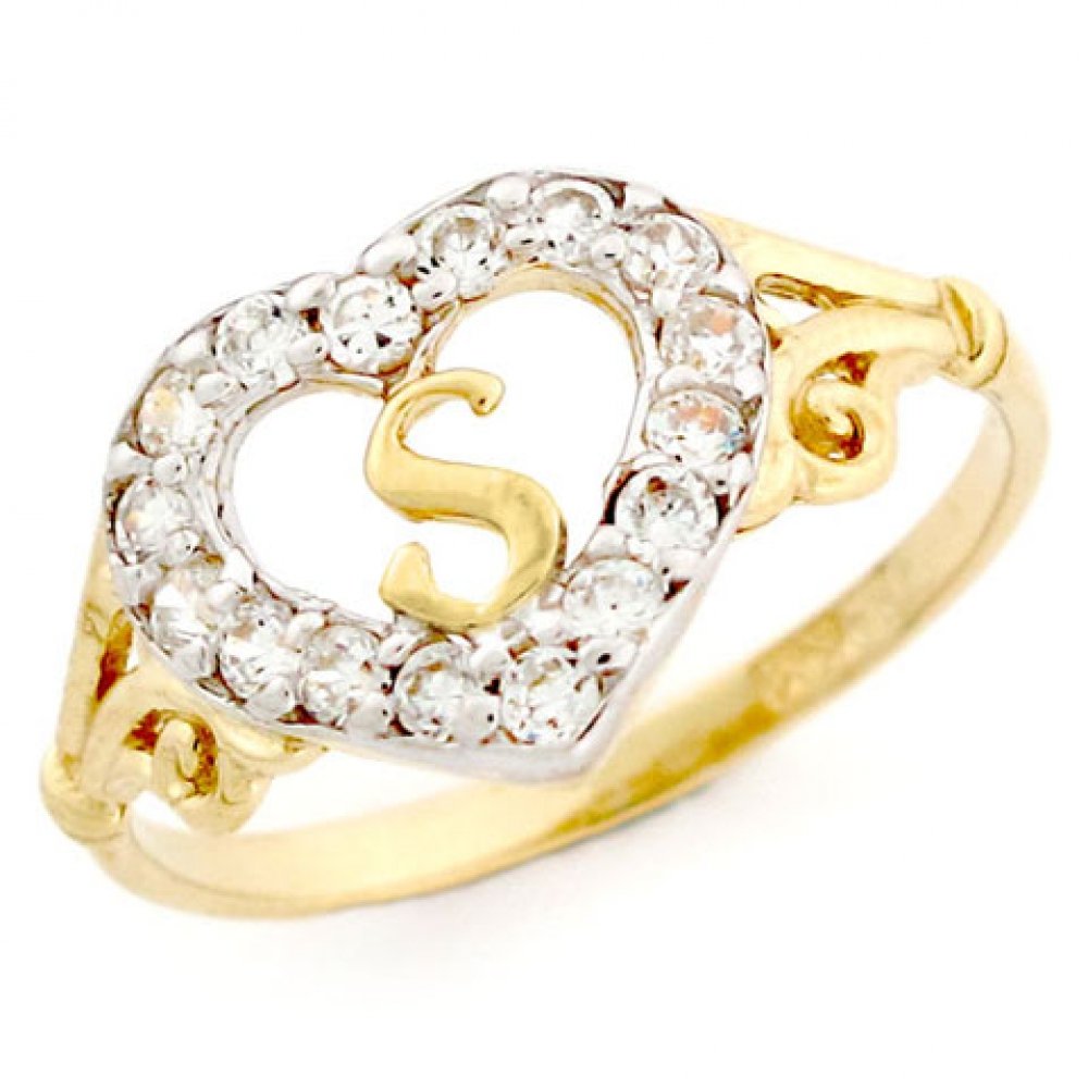 10k Gold Heart Shape Letter 's' Initial CZ Ring Jewelry