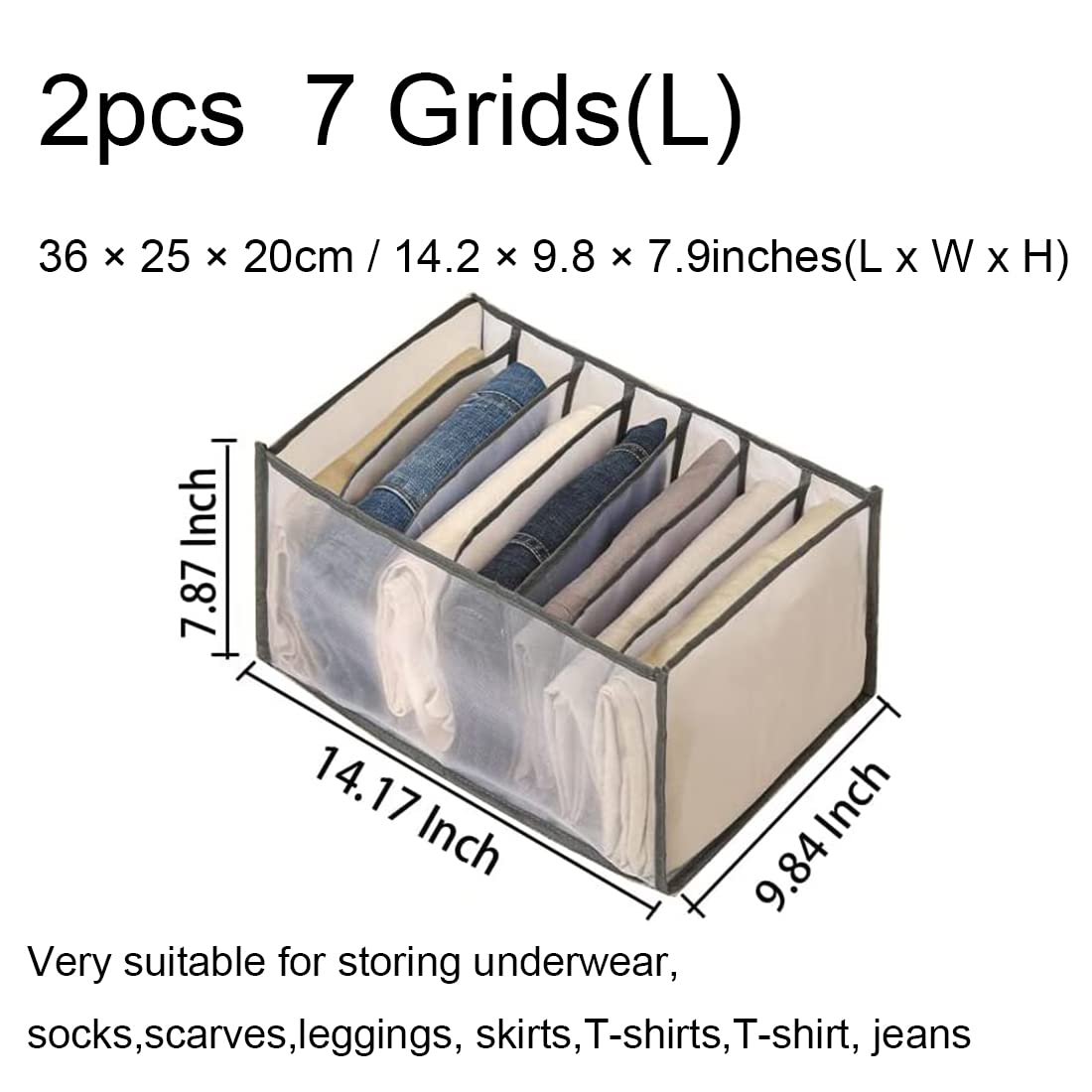 2 Pcs Wardrobe Clothes Organizer - 7 Grids Closet Organizers and Mesh Clothes Storage for Clothes, Washable Portable Foldable Drawer Organizers for Underwear, Leggings, Socks, Jeans, Skirts, T-Shirt
