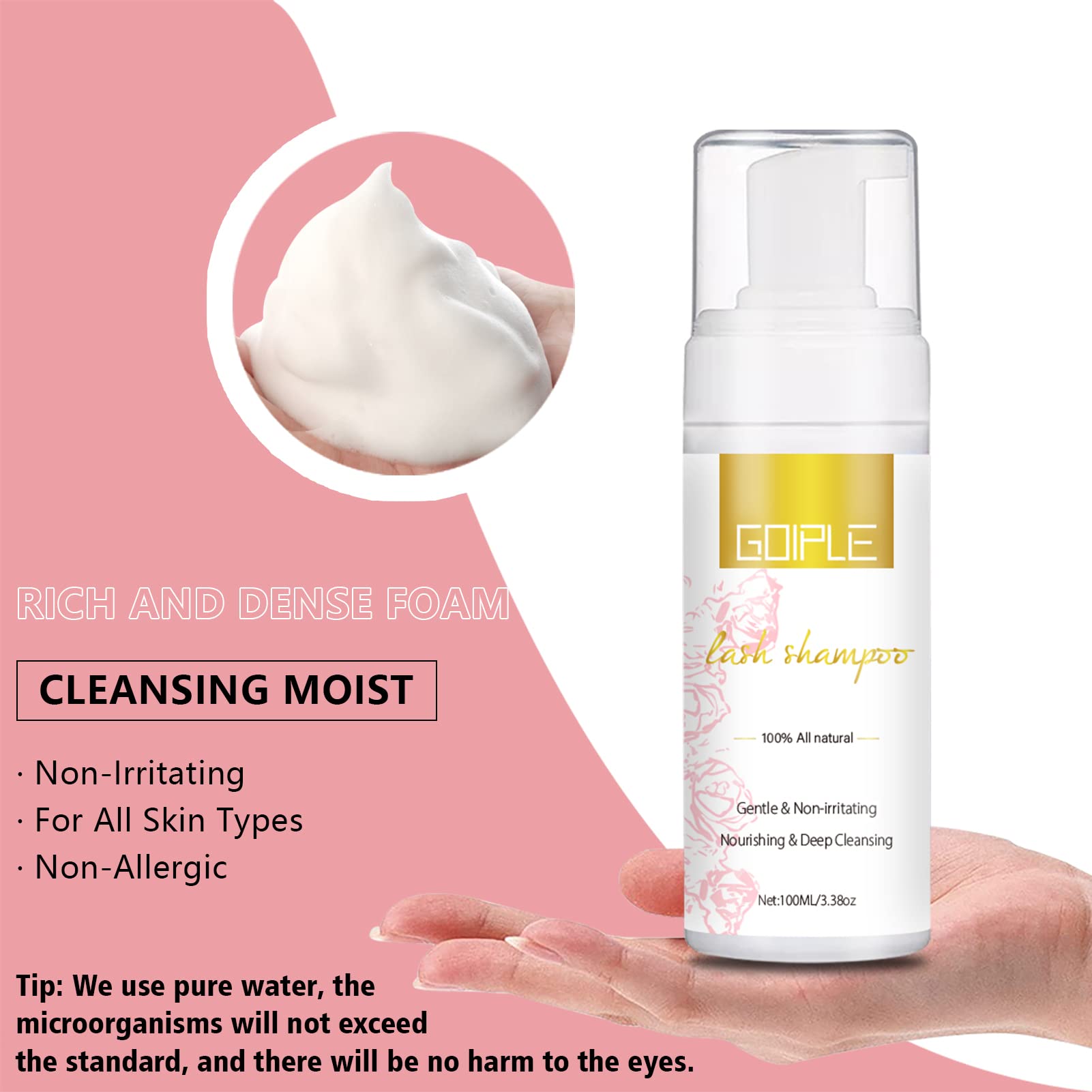 100ml Eyelash Extension Cleanser Lash Mousse Unsent Lash Shampoo for Extensions, Natural Lashes Makeup & Mascara Remover Professional & Self Use with Cotton Puff Lash Cleanser 3.38Oz