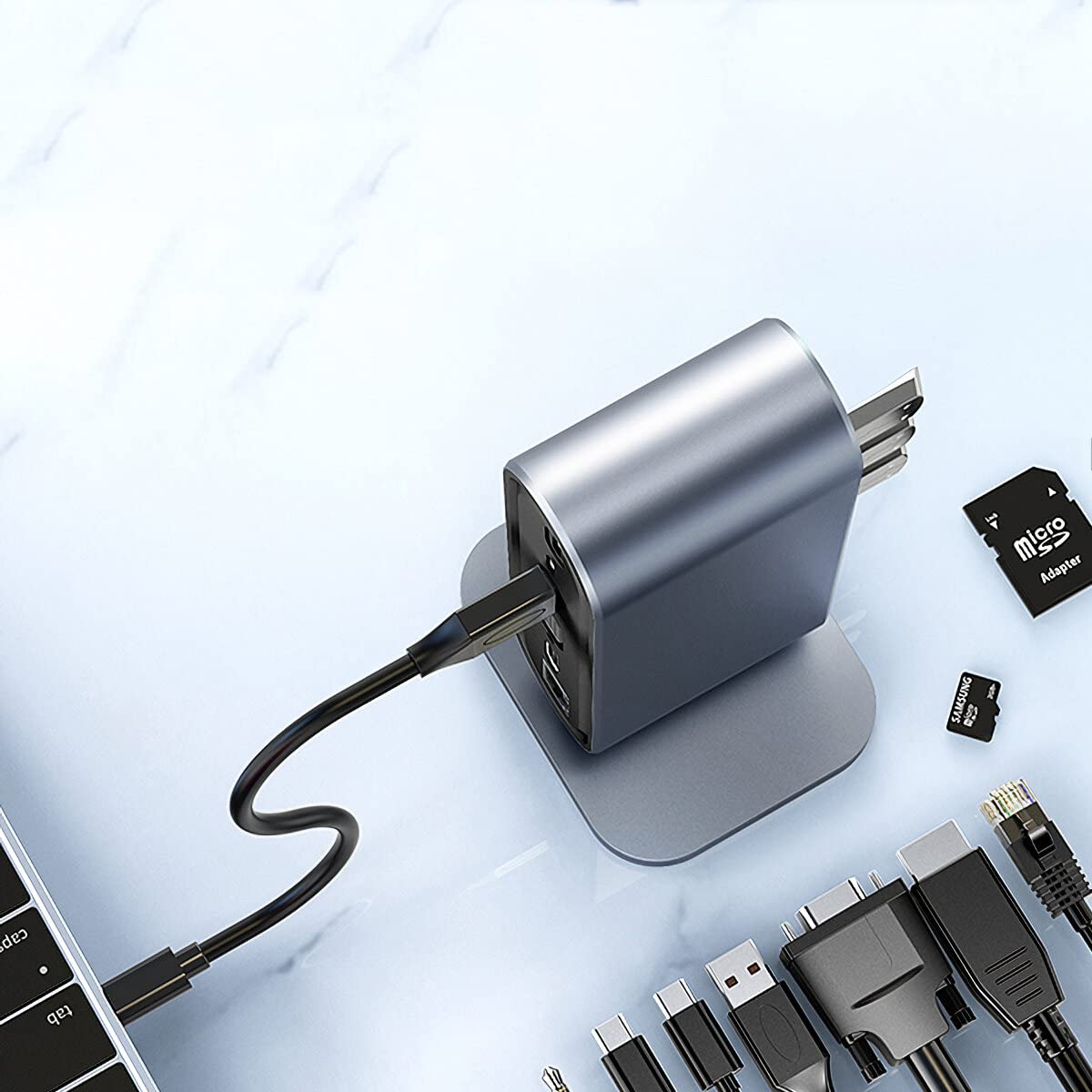 13 in 1 USB-C Hub Docking Station Adapter with 1 * USB 3.0/3 * USB 2.0/100W Type-C PD/3 * Type-C/4K HD Display Video Outputs/RJ45 Internet Port/3.5mm Audio Jack/VGA/SD TF Memory Card Readers