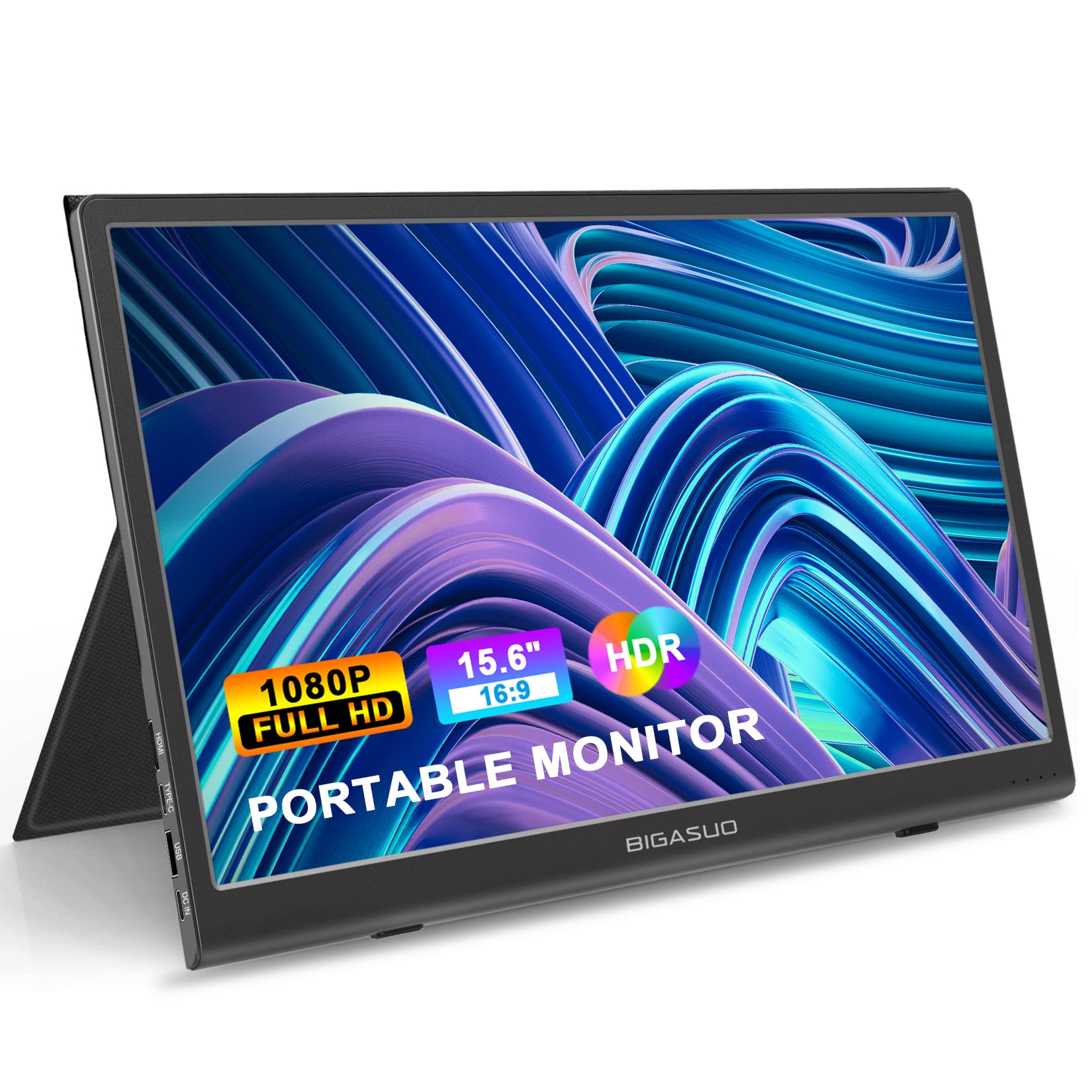 BIGASUO Portable Monitor, 15.6 Inch USB-C Laptop Monitor HDMI Computer Display HDR IPS Screen Gaming Monitor with Dual Speaker for Laptop PC PS4 MAC Phone Xbox Switch w/Smart Case