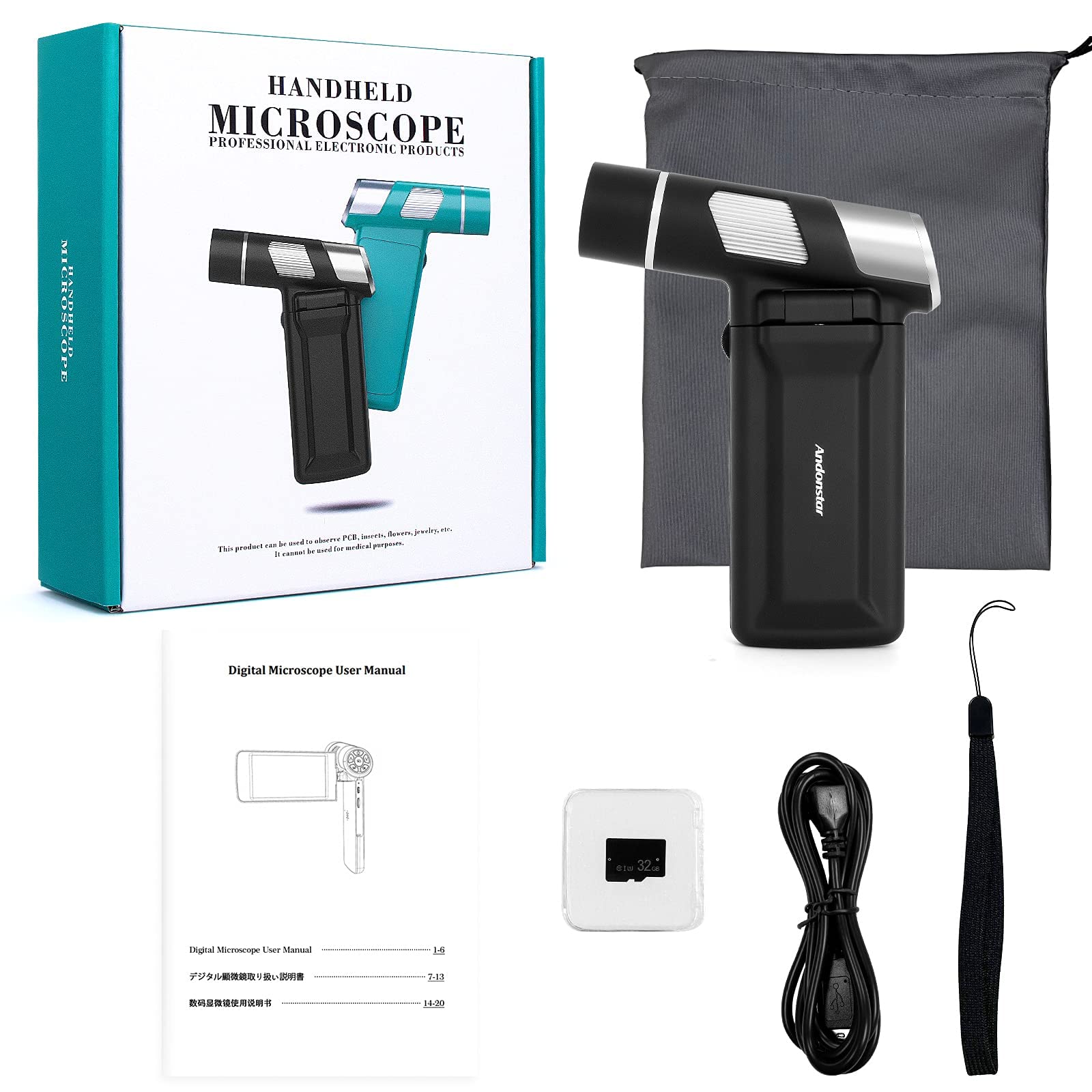 Andonstar AD203 Handheld Digital Microscope, Portable Pocket Microscope with 4 inch Screen for Kids and Adults, Black, Electronic FHD Video Microscope, Supports Windows Mac PC, USB Coin Microscope