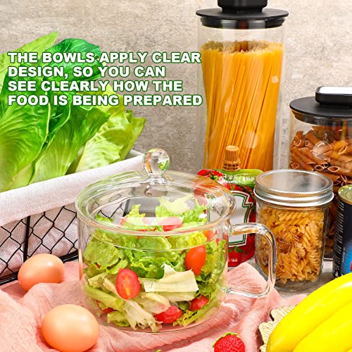 2 Pcs Glass Ramen Bowl with Lid and Handle, Microwave Safe, Transparent Cooking Cereal Breakfast Mixing Pot for Noodles Soup Cereals Fruits (44 oz)