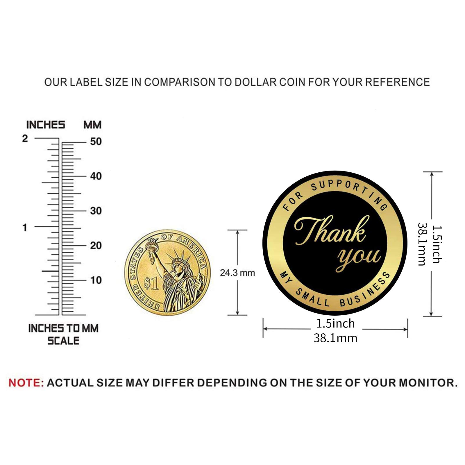Mercei Thank You Stickers with Black Background and Wide Matte Gold-foil Ring; 4 Elegant Handwriting Font Designs; 500 pcs Classic Round Adhesive Labels per Roll; Wide for Personal and Business Use