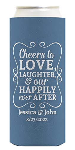 Cheers To Love Custom Names & Date 6-Pack Personalized Ultra Slim Can Coolies Slate Blue