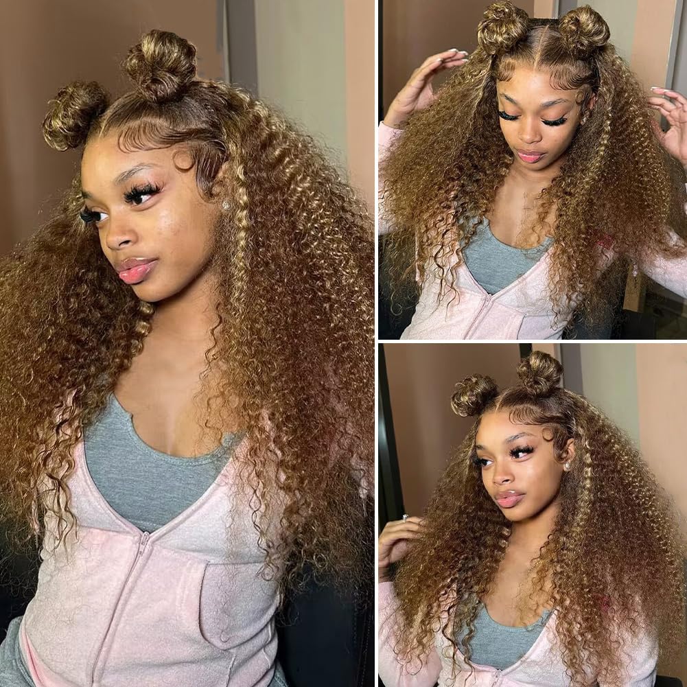 CYNOSURE 13x5 Curly Honey Blond Ombre Color Highlight Lace Front Human Hair Wigs for Women Invisible Pre Plucked (24 Inch, Highlight)