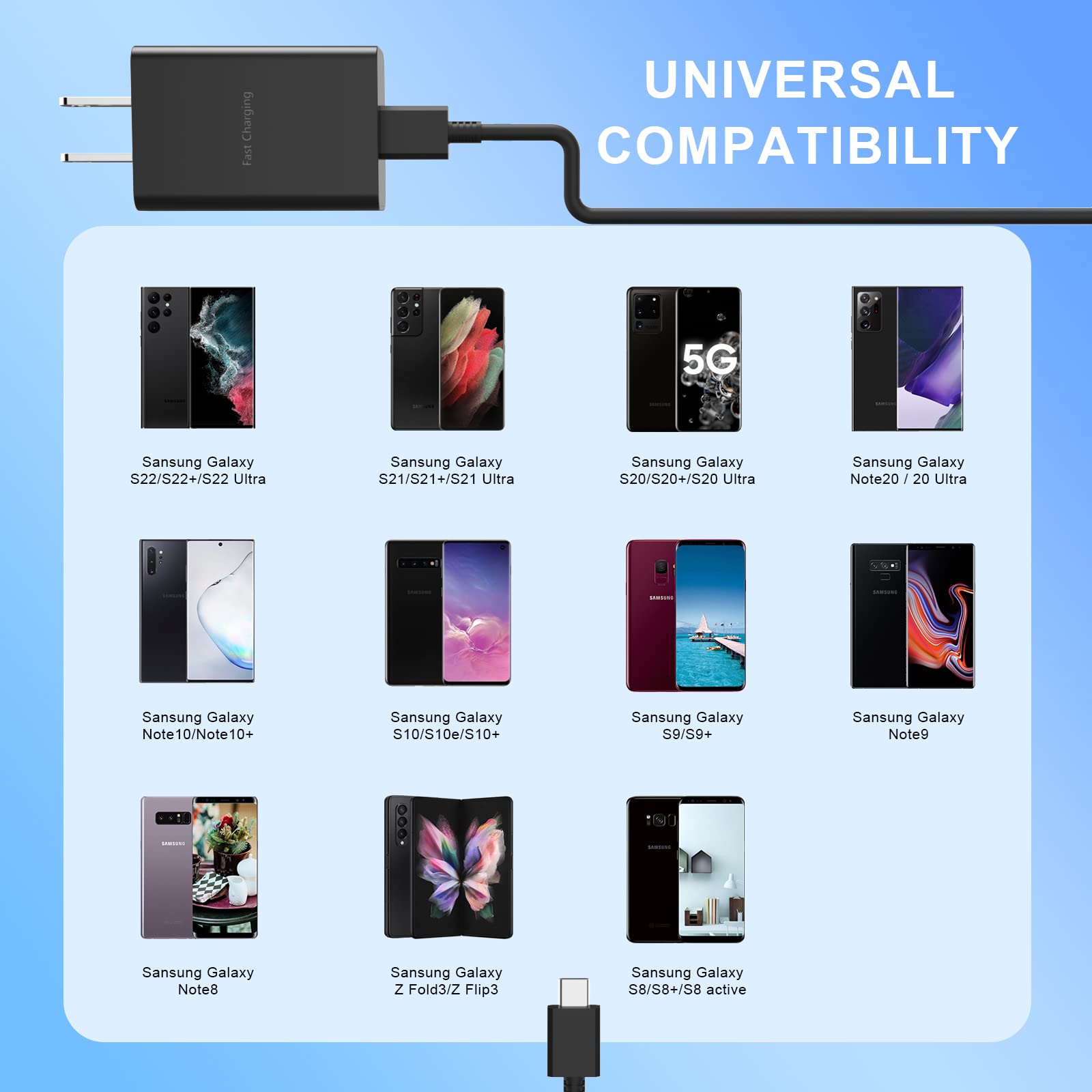 15W USB C Charger, 2 Pack 15W Wall Charger Type C with 6.6ft USB-C Fast Charger Cable Compatible for Galaxy S22/S22+/S22 Ultra/S21/S20/S10/S9/S8, Note 20/Note 10, Z Fold3 and More