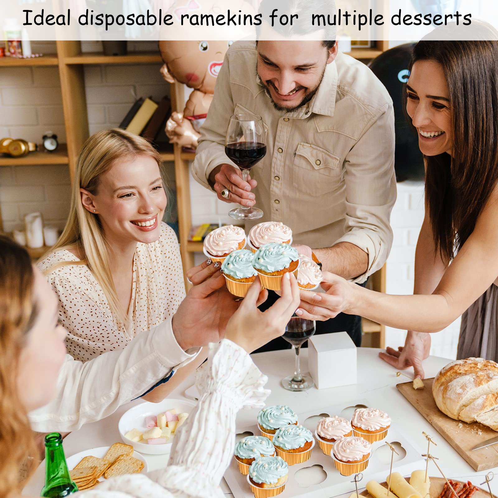 150 Pcs Aluminum Foil Baking Cup Disposable Ramekins with Lids 5oz Mini Cupcake Liners Flan Mold Mini Cake Pans with Lids Disposable Cake Tins for Pudding Desert Creme Brulee (Gold, Silver)