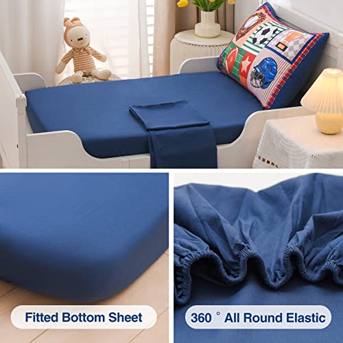 A Nice Night Sports Patchwork for Boys Basketball Baseball Rugby Soccer Printed Toddler Bedding Set,Includes Comforter, Flat Sheet, Fitted Sheet and Pillowcase, Navy