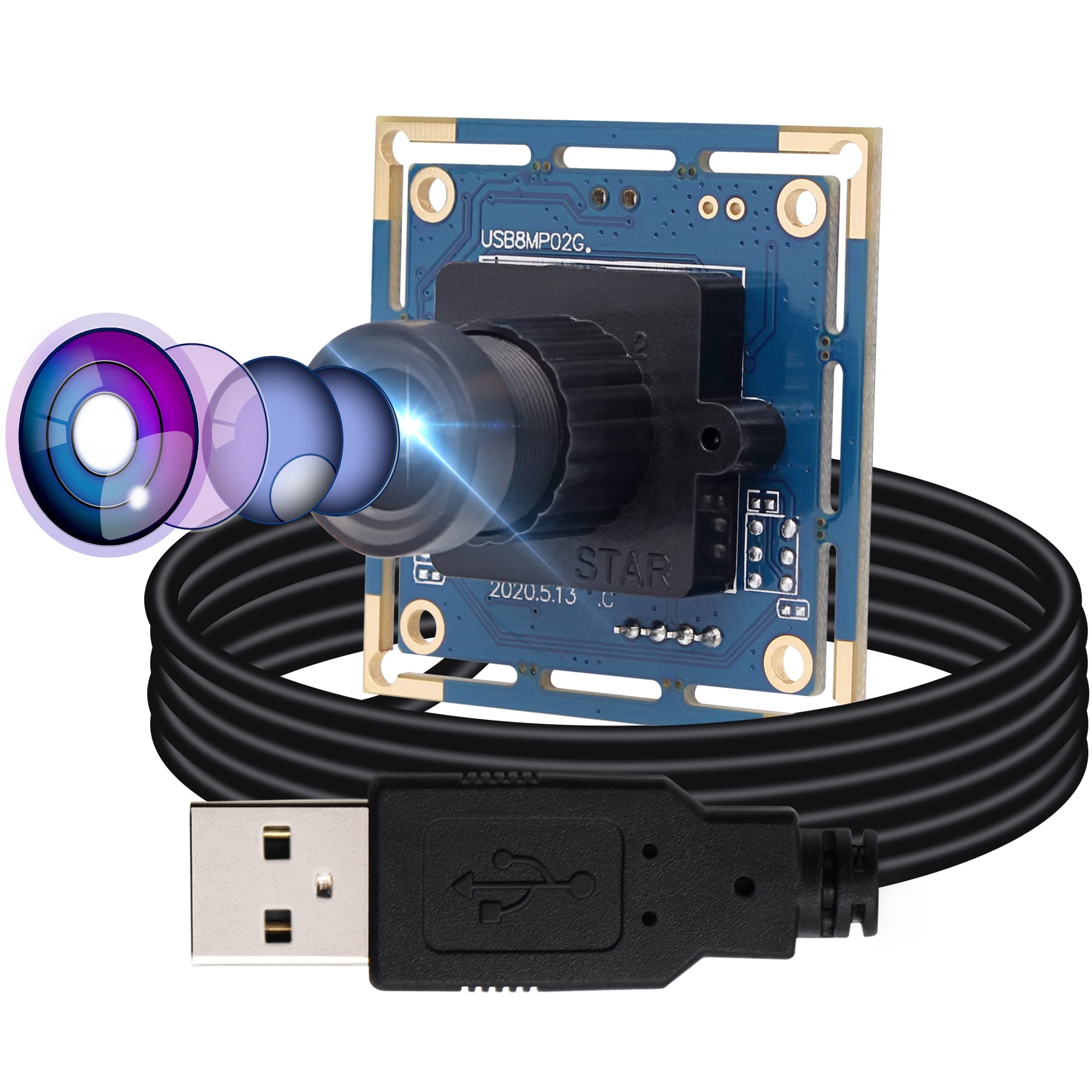 8mp USB Camera Module for Computer Wide Angle PC Camera 3.6mm Lens Webcam Board Mini UVC USB2.0 Lightburn Camera IMX179 USB with Camera 4K USB Security CCTV Camera for Raspberry Pi Mac Jetson Nano