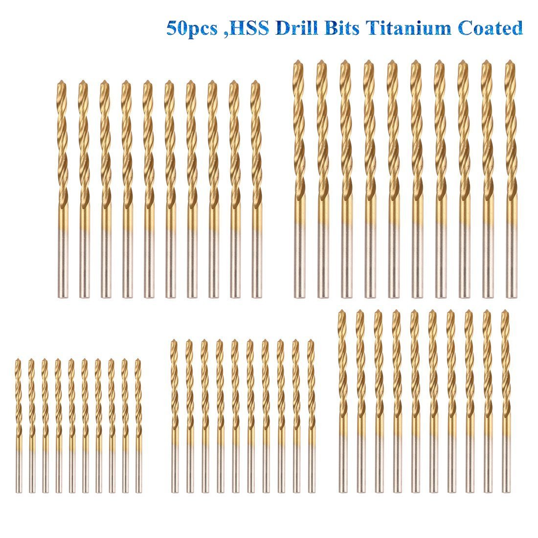 50PCS, 1/16", 5/64", 3/32", 7/64", 1/8", 10pcs for Each,Titanium Twist Drill Bits