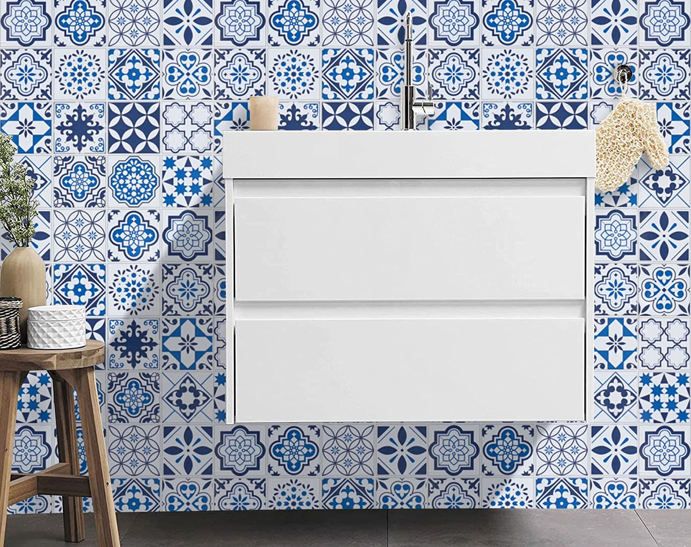 197"x 17.7"Blue Pattern Contact Paper Glossy Surface Waterproof Contact Paper Decorative Self Adhesive for Kitchen Bathroom Counters Removable Counter Paper Peel and Stick Wallpaper Easy to Clean