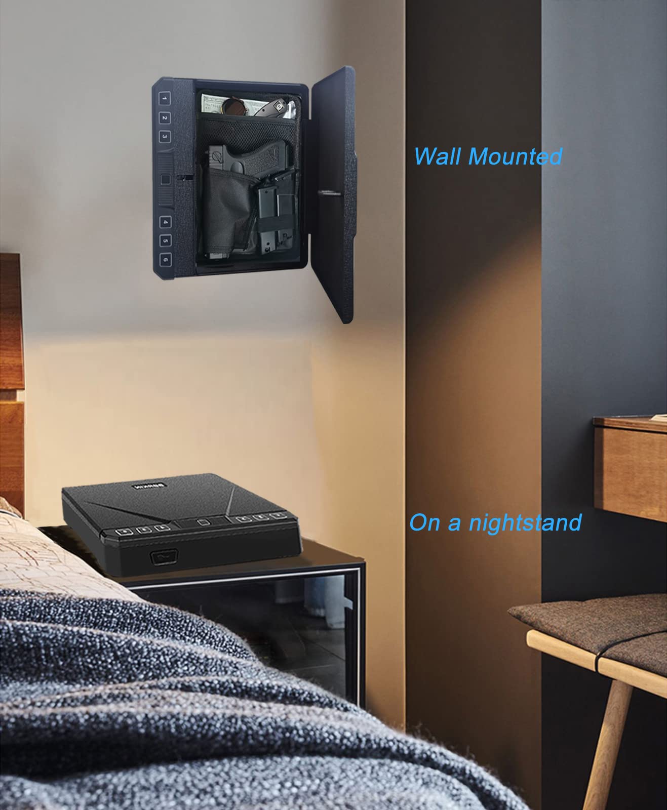 Biometric Gun Safe for Pistols, Wall Mounted Fingerprint Handgun Safe Lock Box for Bedside Car Nightstand Drawer Closet -with Security Cable/Light/Safe Organizer