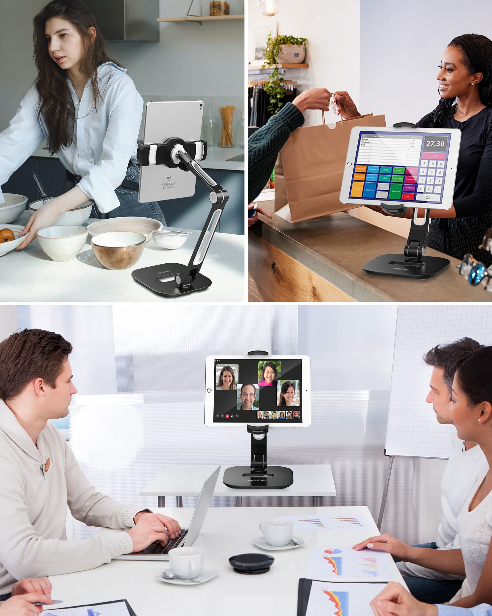 AboveTEK Tablet Stand, Multi-Angle Adjustable iPad Stand Holder, 360° Swivel iPad Stand Aluminum Desk Mount Fits 4”-11"(Diagonal) iPad/Mini/Air/Pro for Business Kiosk Office – Black