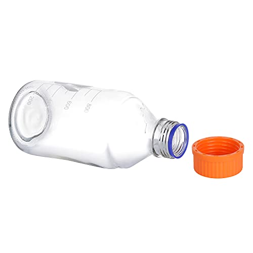 Pastein 4 Pieces 1000 mL Graduated Round Reagent Media/Storage Glass Bottle With GL45 Orange Polypropylene Screw Cap